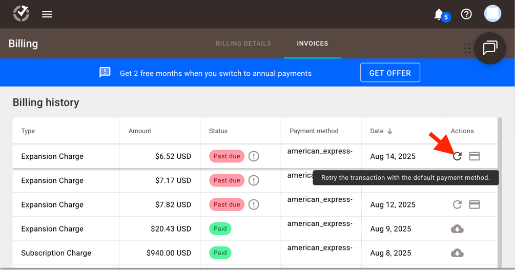 How to retry failed payment in Time Doctor