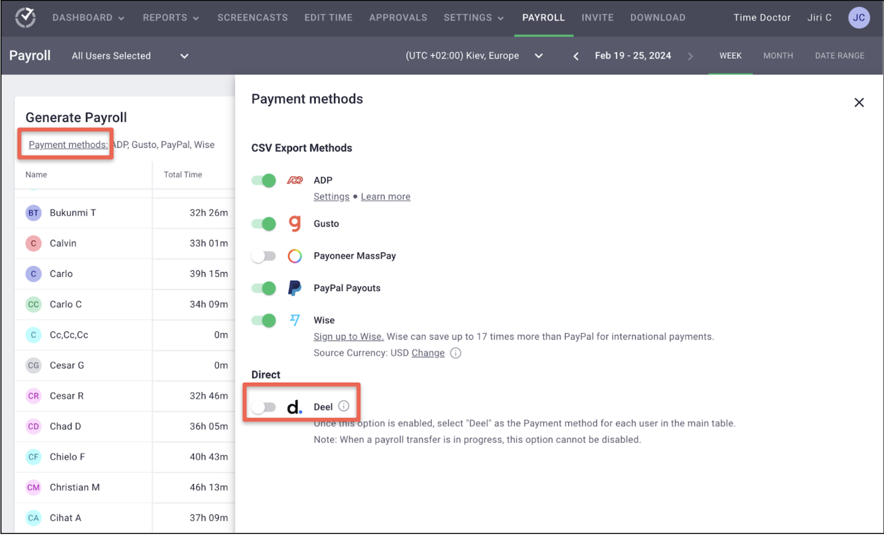 Connecting Deel with Time Doctor
