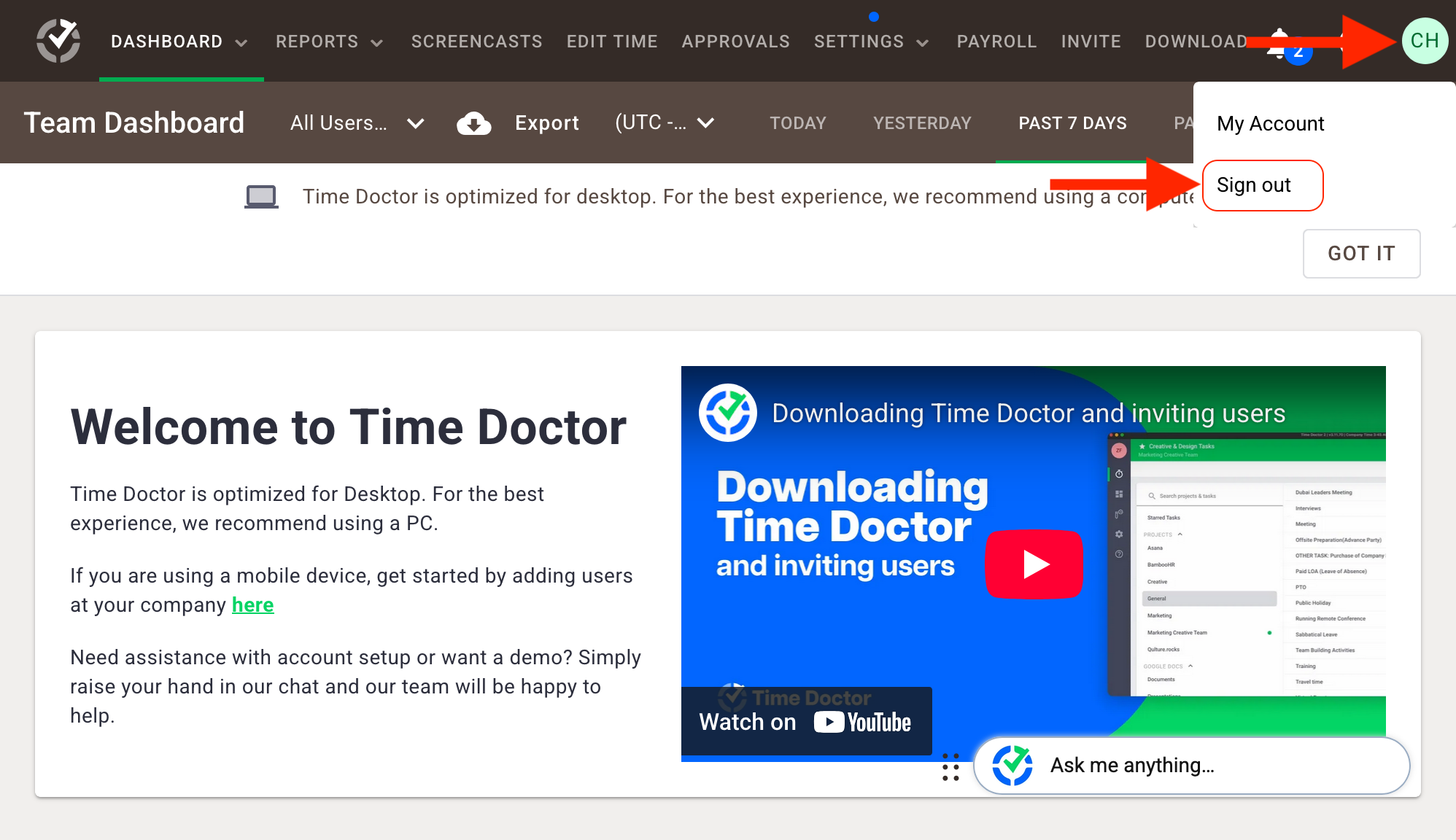 How to Find the Sign-Out Button in Time Doctor