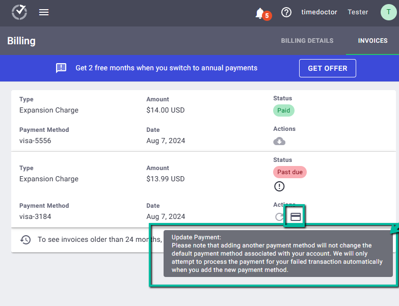 How to retry failed payment in Time Doctor